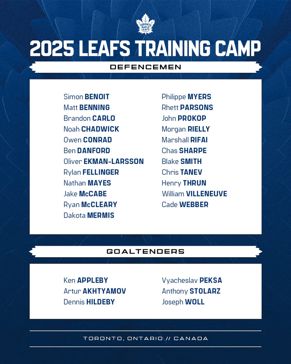 Maple Leafs 2025 Training Camp Roster